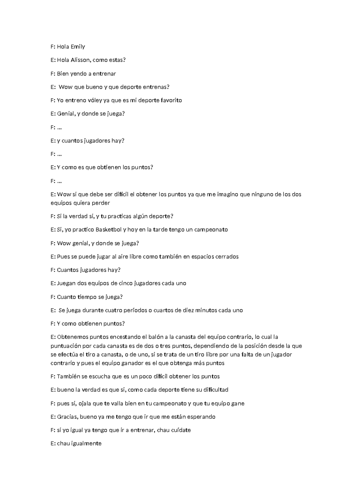 Diálogo S15 - Conversación sobre deportes: Vóley y Baloncesto - Studocu