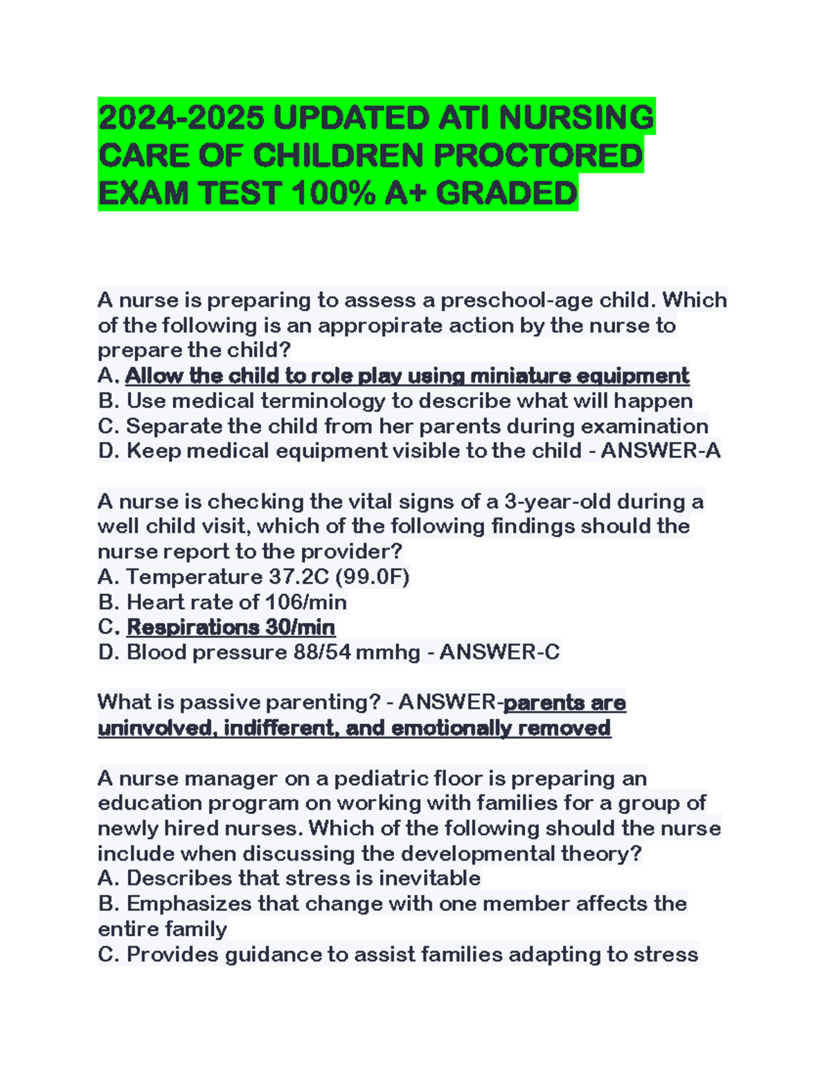 2024-2025 UPDATED ATI NURSING CARE OF CHILDREN PROCTORED EXAM NOTES ...