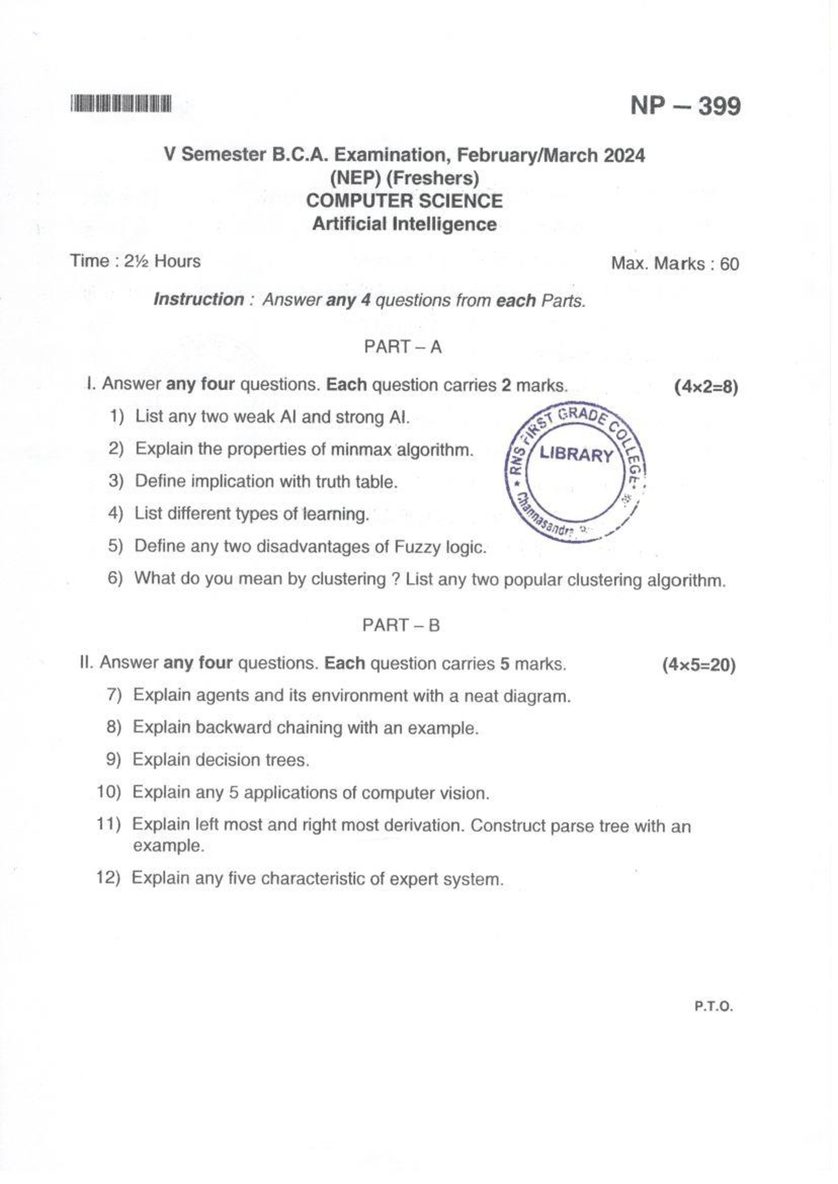 NP 399 V B.C.A. Exam 2024: Artificial Intelligence Overview - Studocu