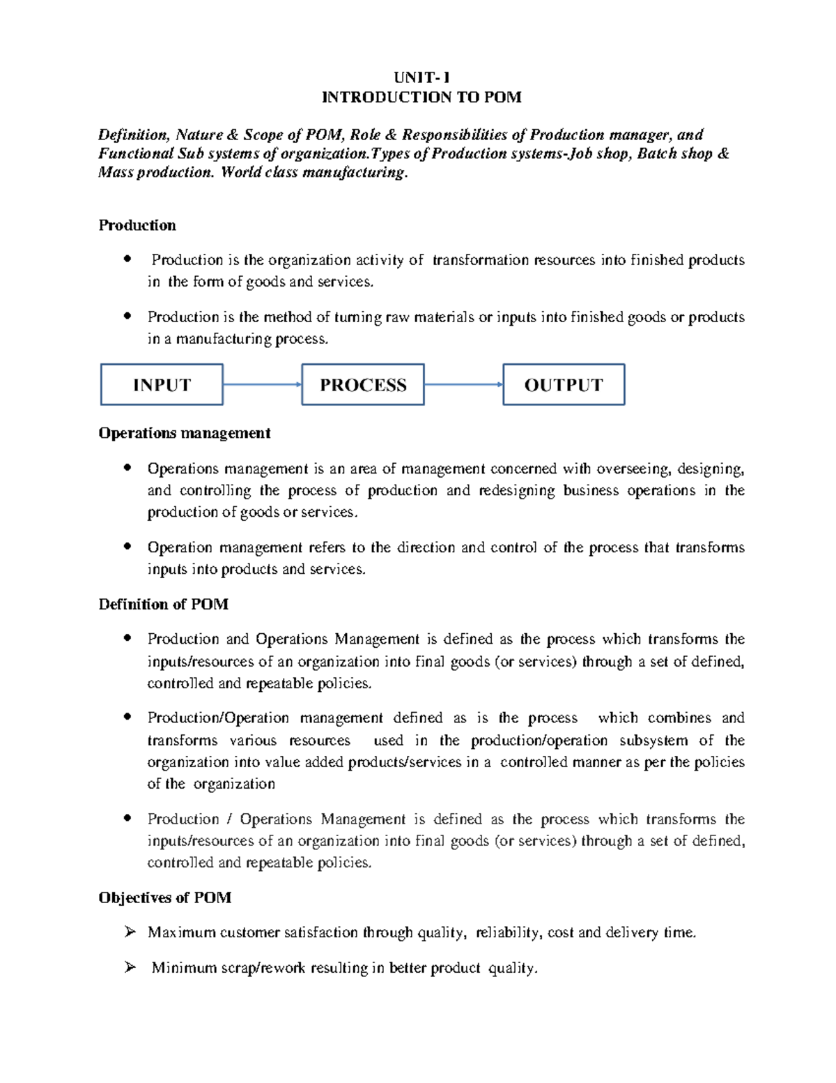 POM 101 - Unit I: Introduction to Production & Operations Management - Studocu
