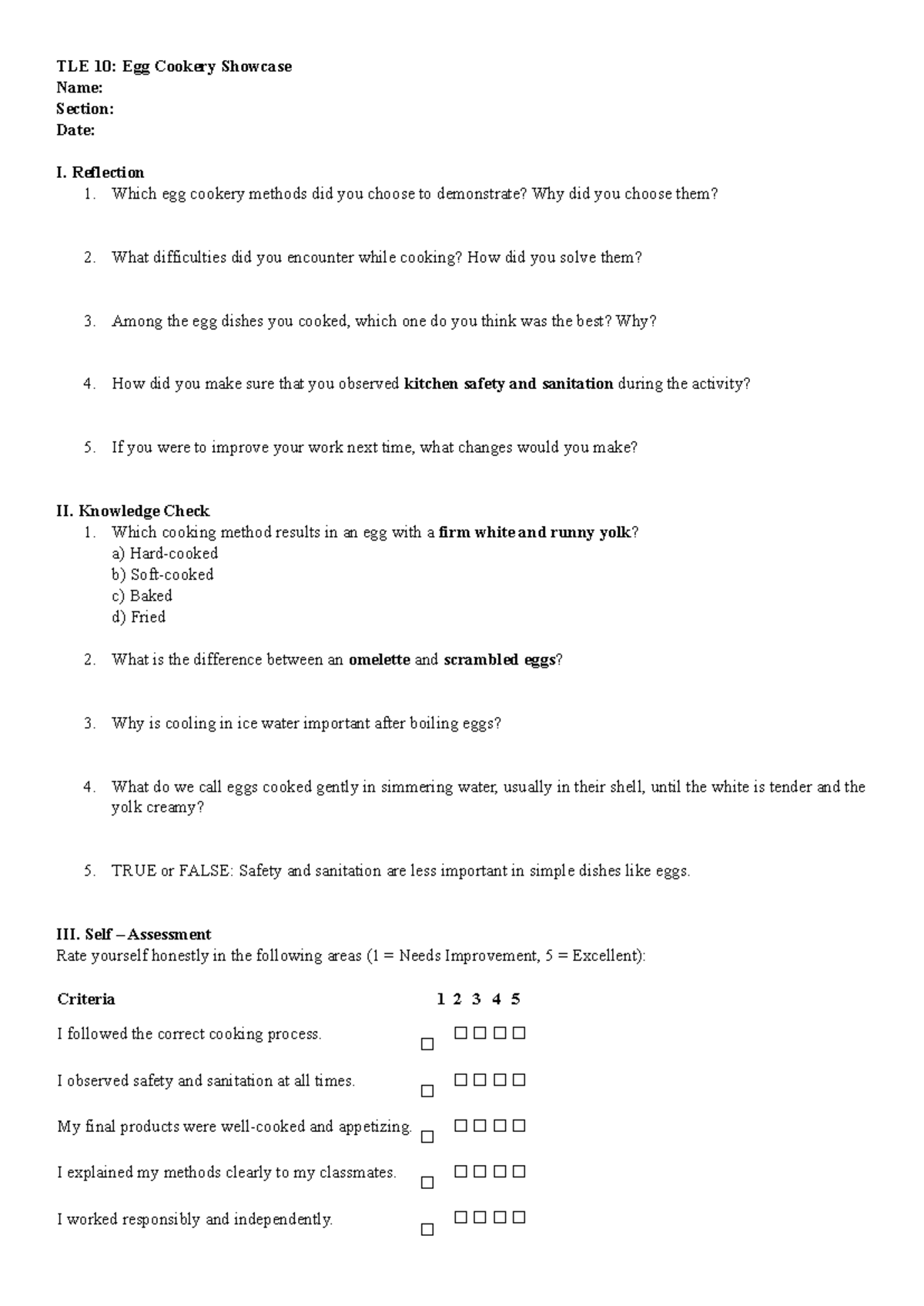 TLE 10: Egg Cookery Reflection & Knowledge Check - 1st Quarter - Studocu