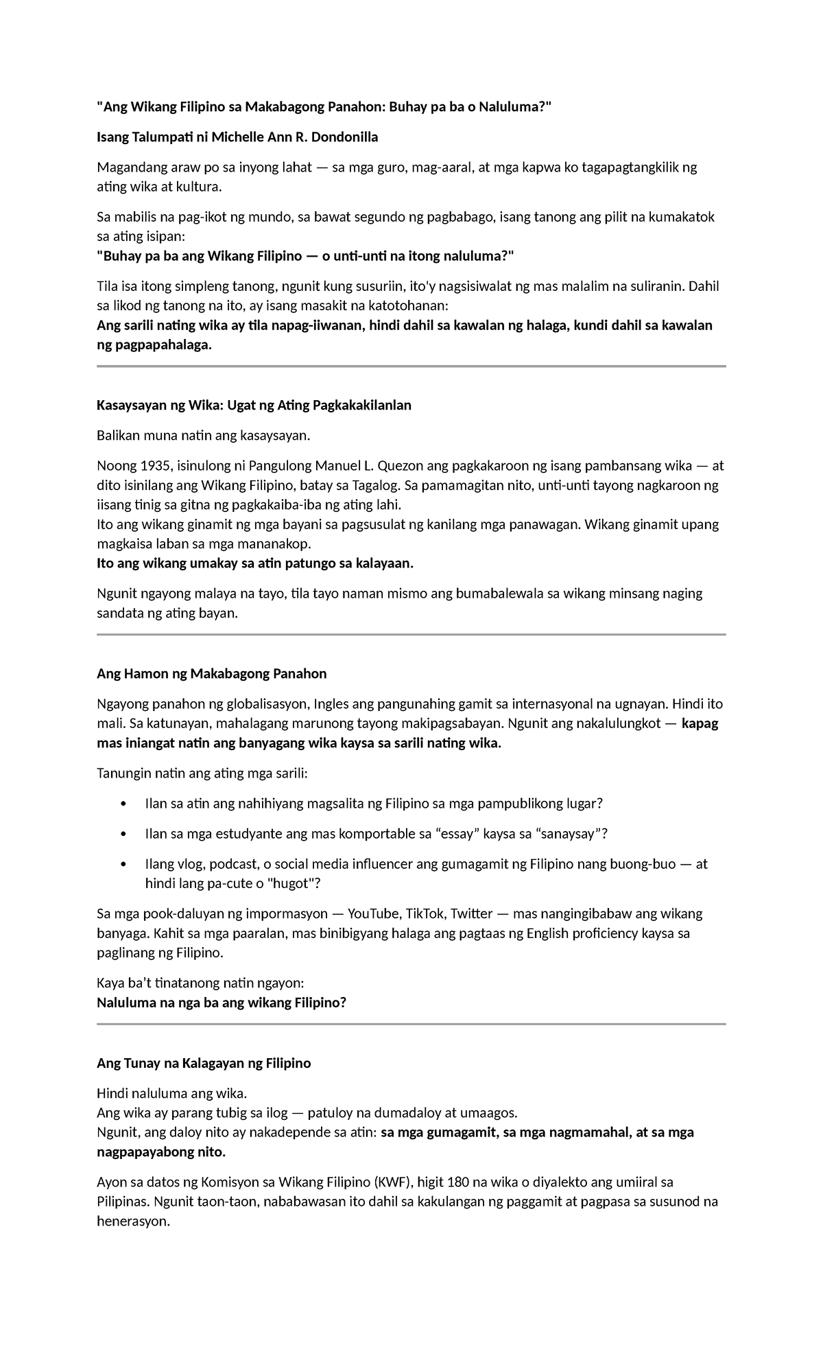 Wikang Filipino sa Makabagong Panahon: Isang Pagsusuri at Talumpati ...