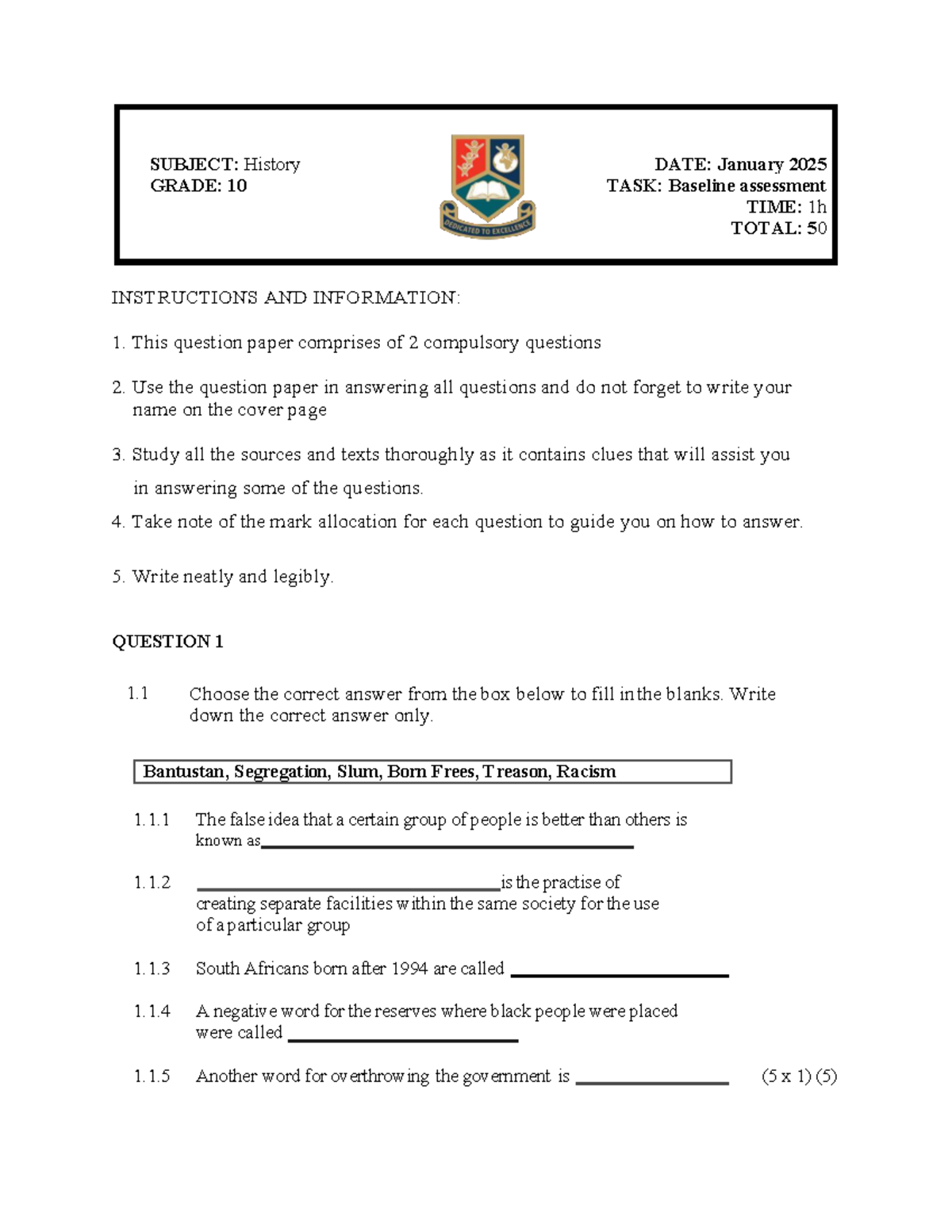 Grade 10 History Baseline Assessment 2026 - Studocu