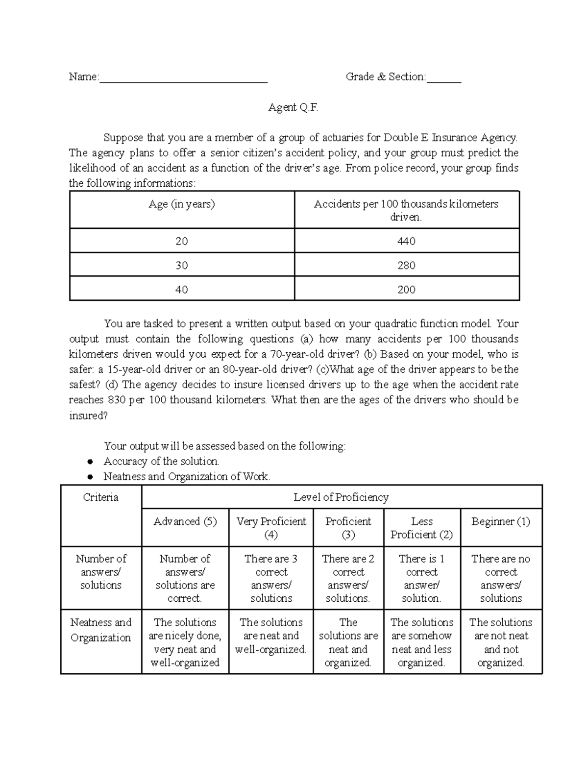 Performance Task: Quadratic Function Equation Analysis - Studocu