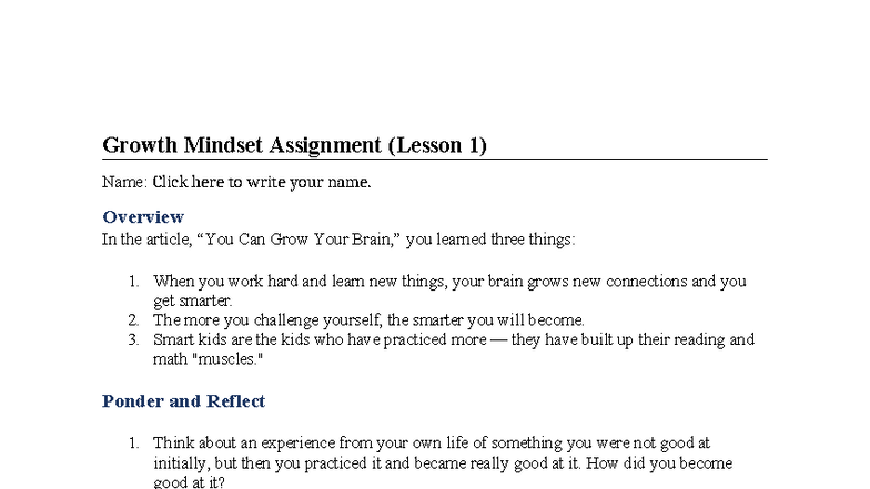 Growth Mindset Assignment (Lesson 1) Template - Studocu