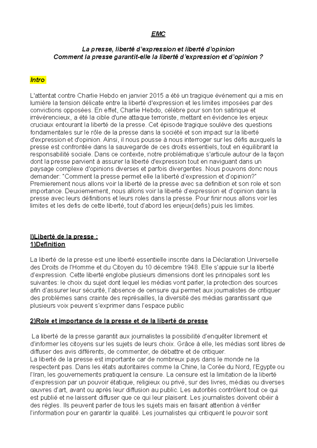 Exposé EMC : La Presse et la Liberté d'Expression en Démocratie - Studocu