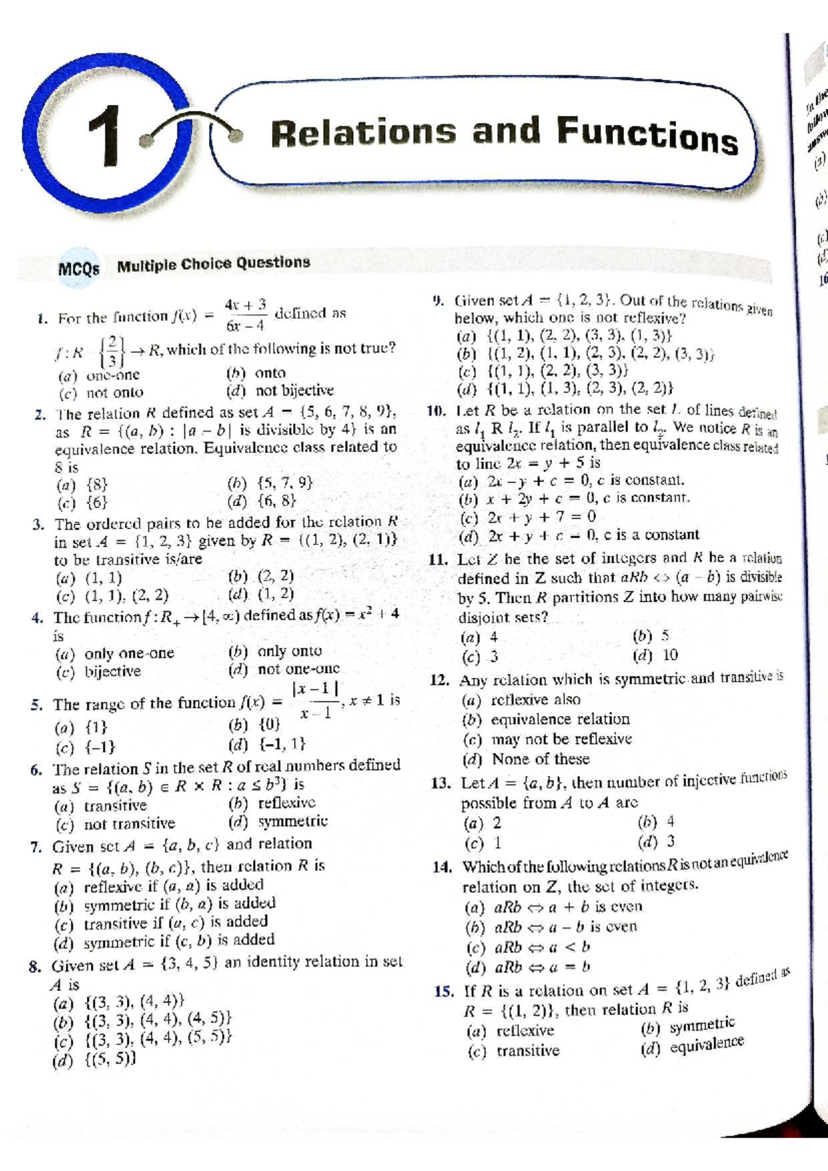 CH 1-13 Practice Paper MCQs on Relations, Functions, and Integrals ...