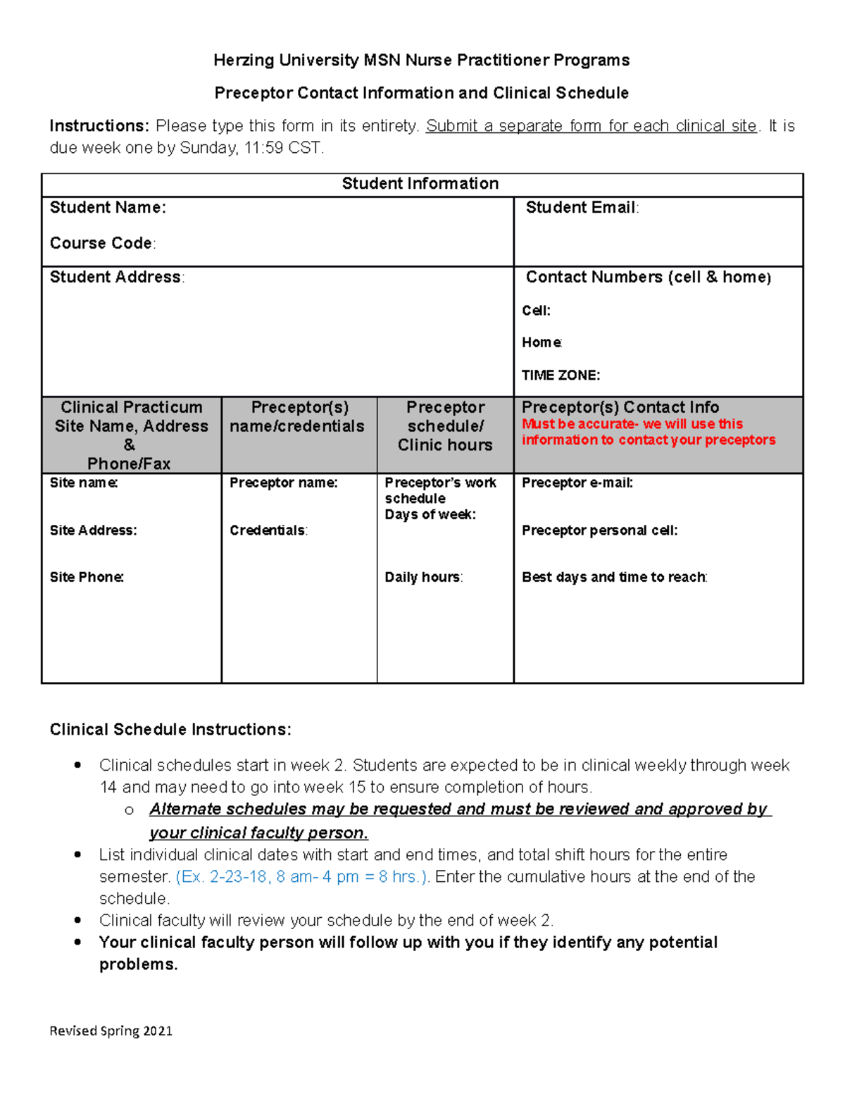Herzing University MSN Clinical Schedule & Preceptor Contact Info Sheet ...