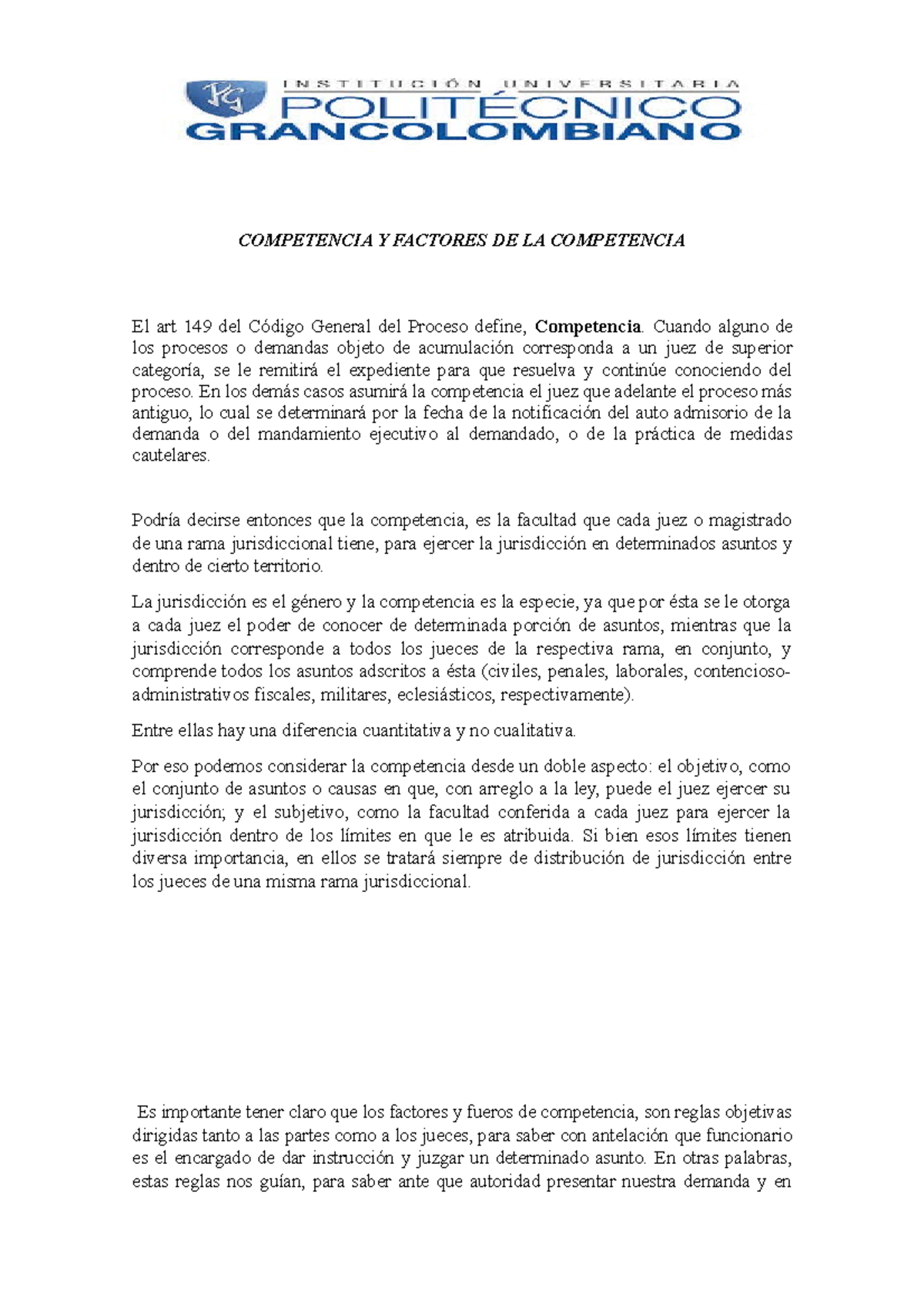 Apuntes sobre Competencia en el Código General del Proceso - Studocu