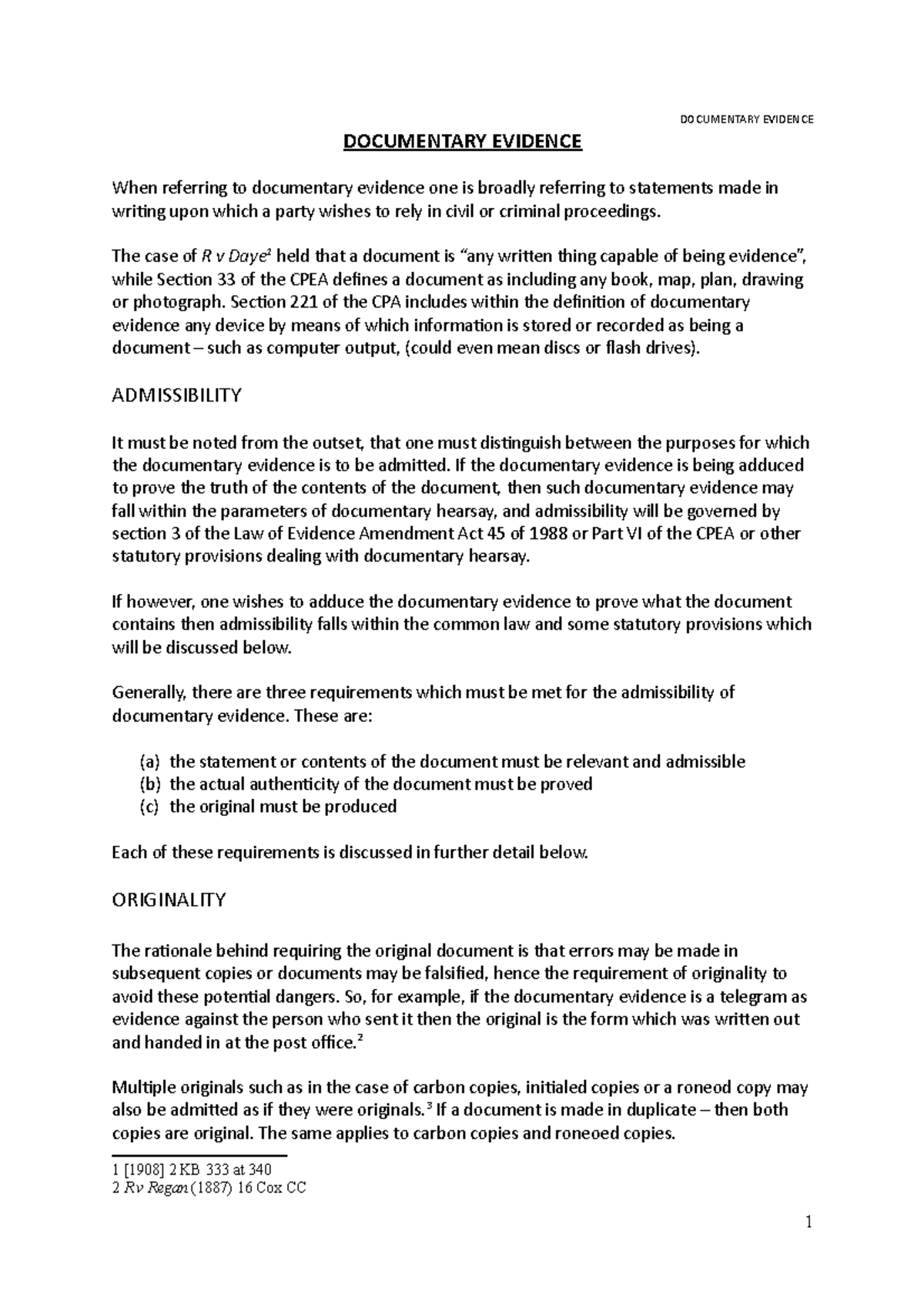 Documentary Evidence: Key Concepts and Admissibility (Evidence 2012 ...