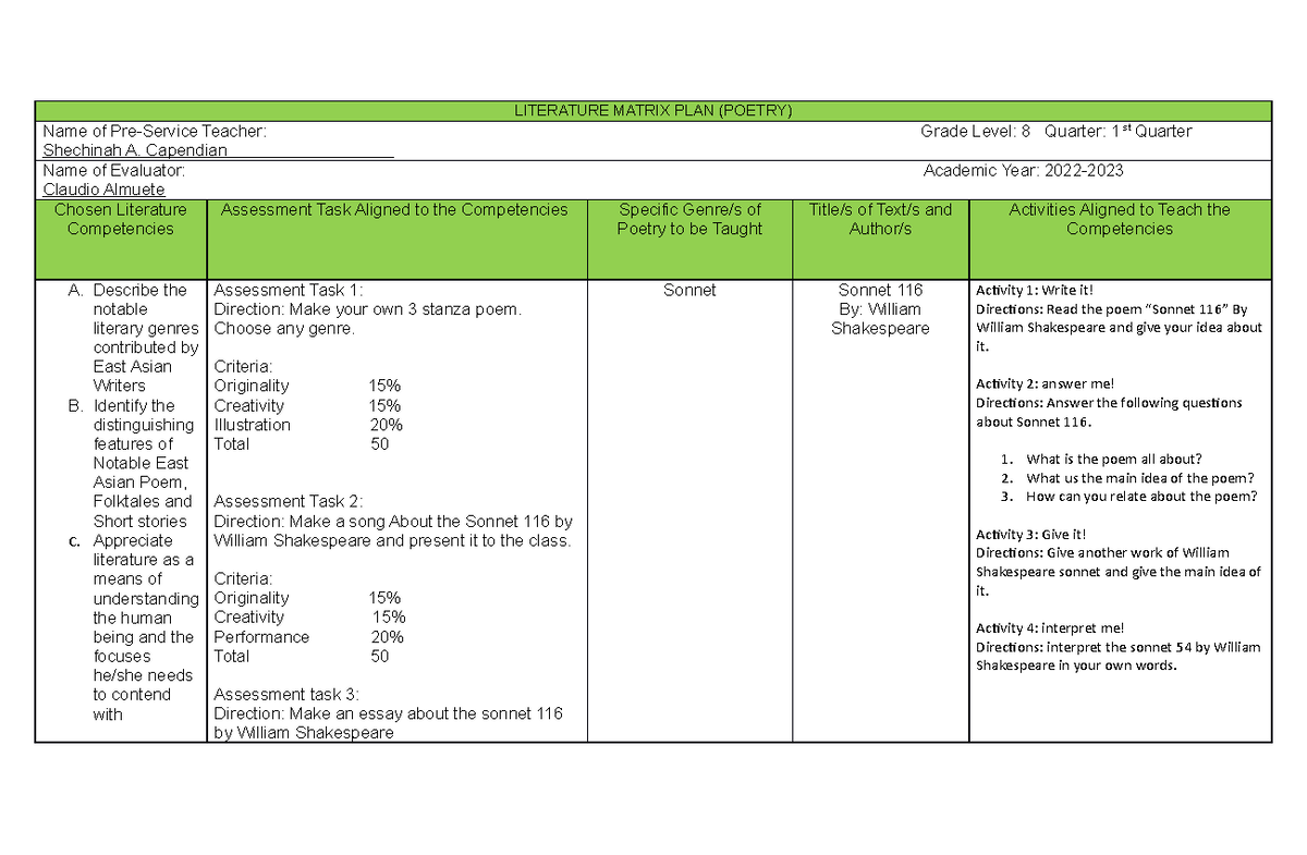 Literature- Matrix-PLAN - LITERATURE MATRIX PLAN (POETRY) Name of Pre ...