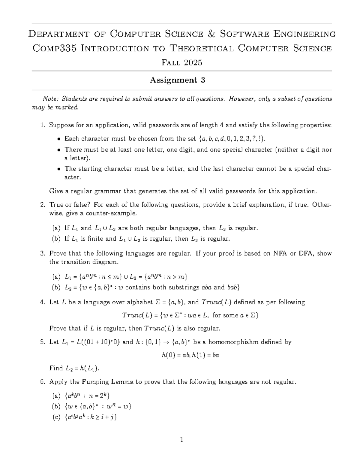 Comp335 Fall 2025 Assignment 3: Theoretical Computer Science Tasks ...