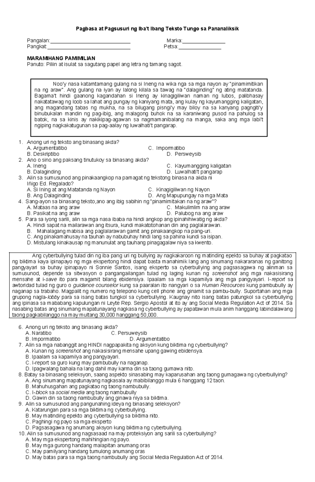 Pagbasa at Pagsusuri: Diagnostic Test sa Iba’t Ibang Teksto - Studocu