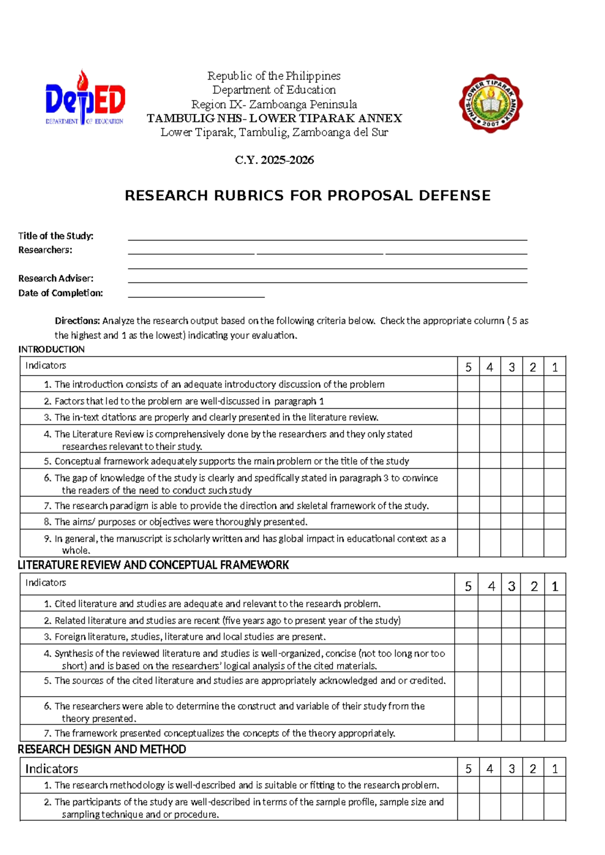 Research Proposal Rubrics for Defense - C.Y. 2023 - Studocu