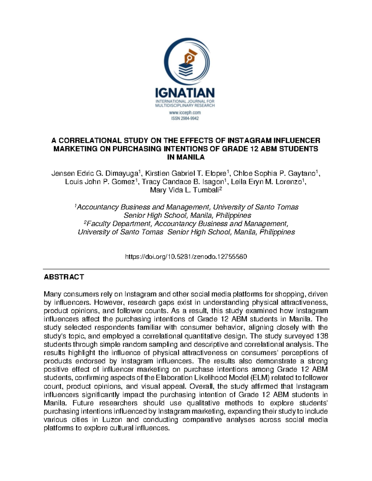 Correlational Study on Instagram Influencer Marketing & Grade 12 ABM ...