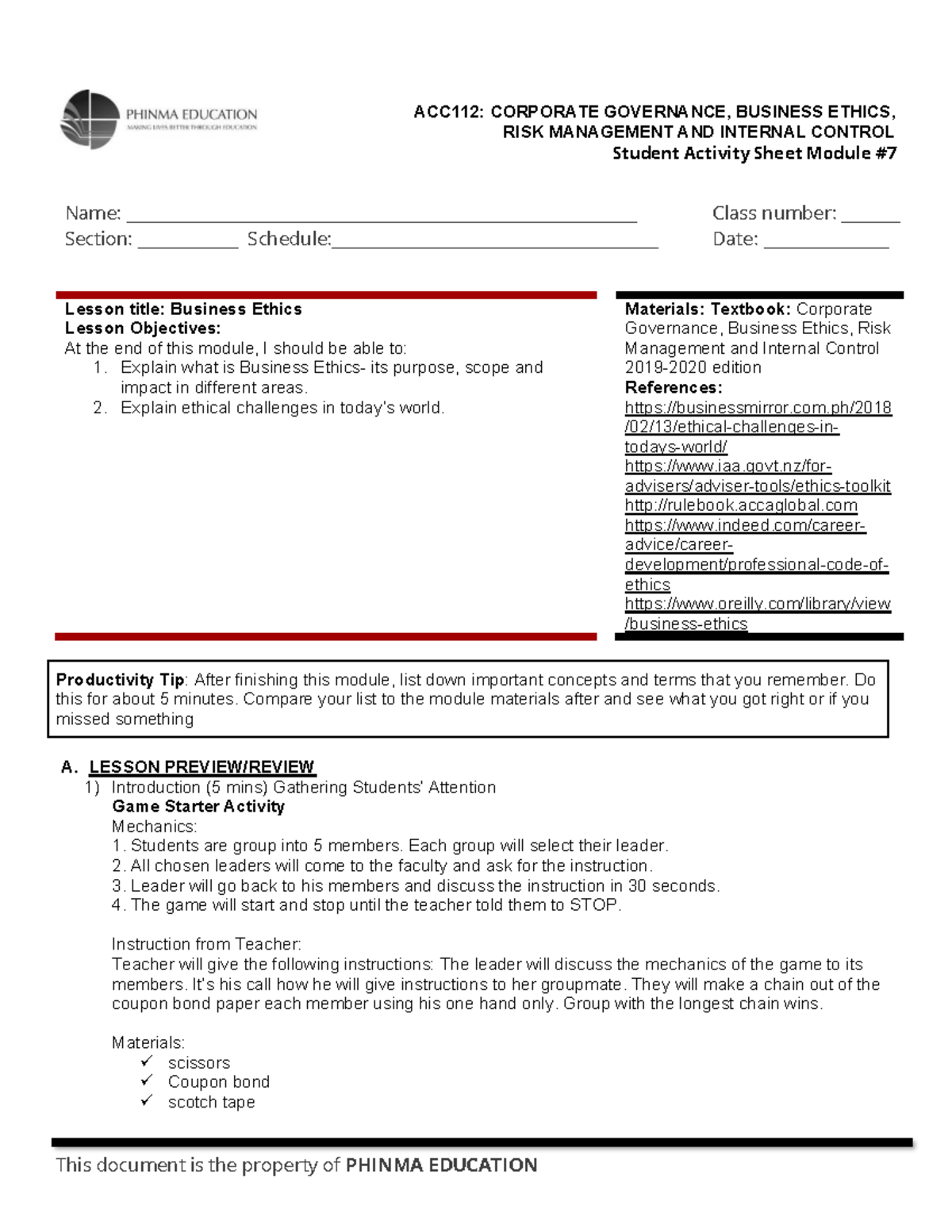 ACC112: Business Ethics Lesson Activity Sheet and Objectives - Studocu