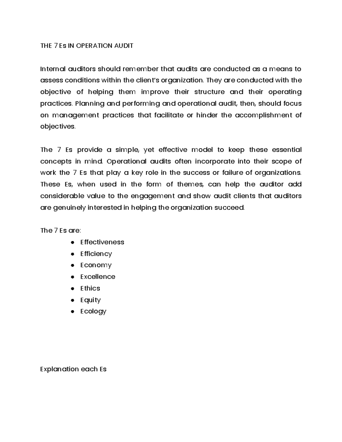 Operation Audit: Understanding the 7 Es Framework - Studocu