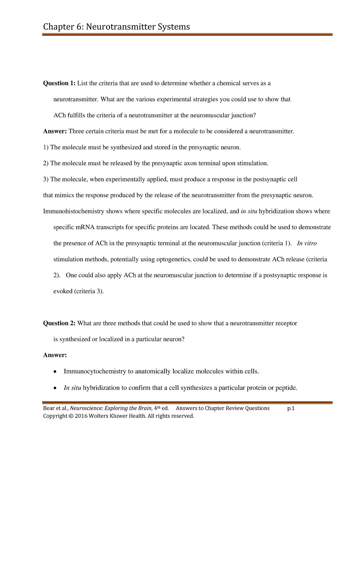 Neuroscience 101: Chapter 6 Neurotransmitter Systems Review Q&A - Studocu