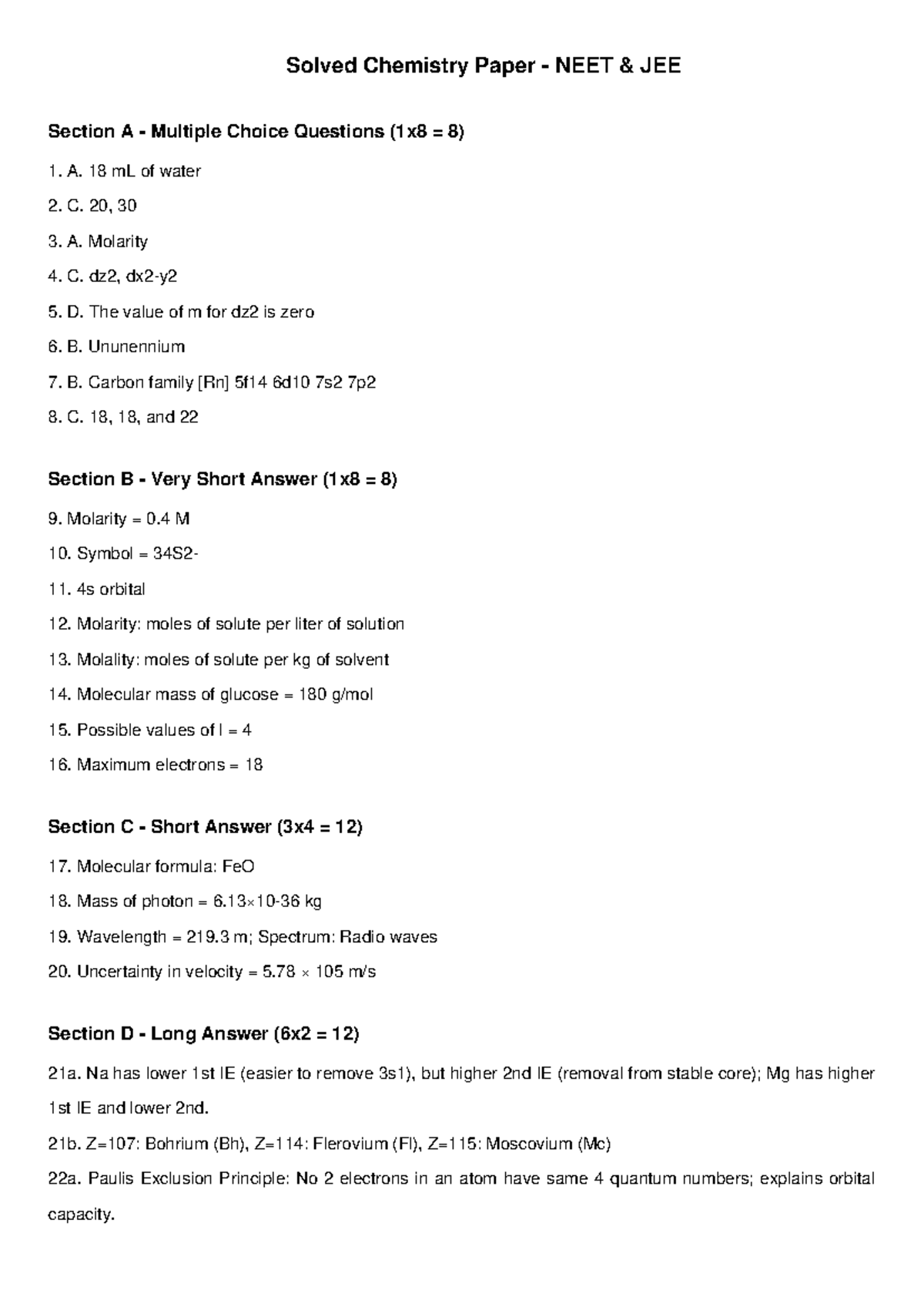 Solved Chemistry Paper NEET JEE - MCQs, VSA, SA, and LA - Studocu