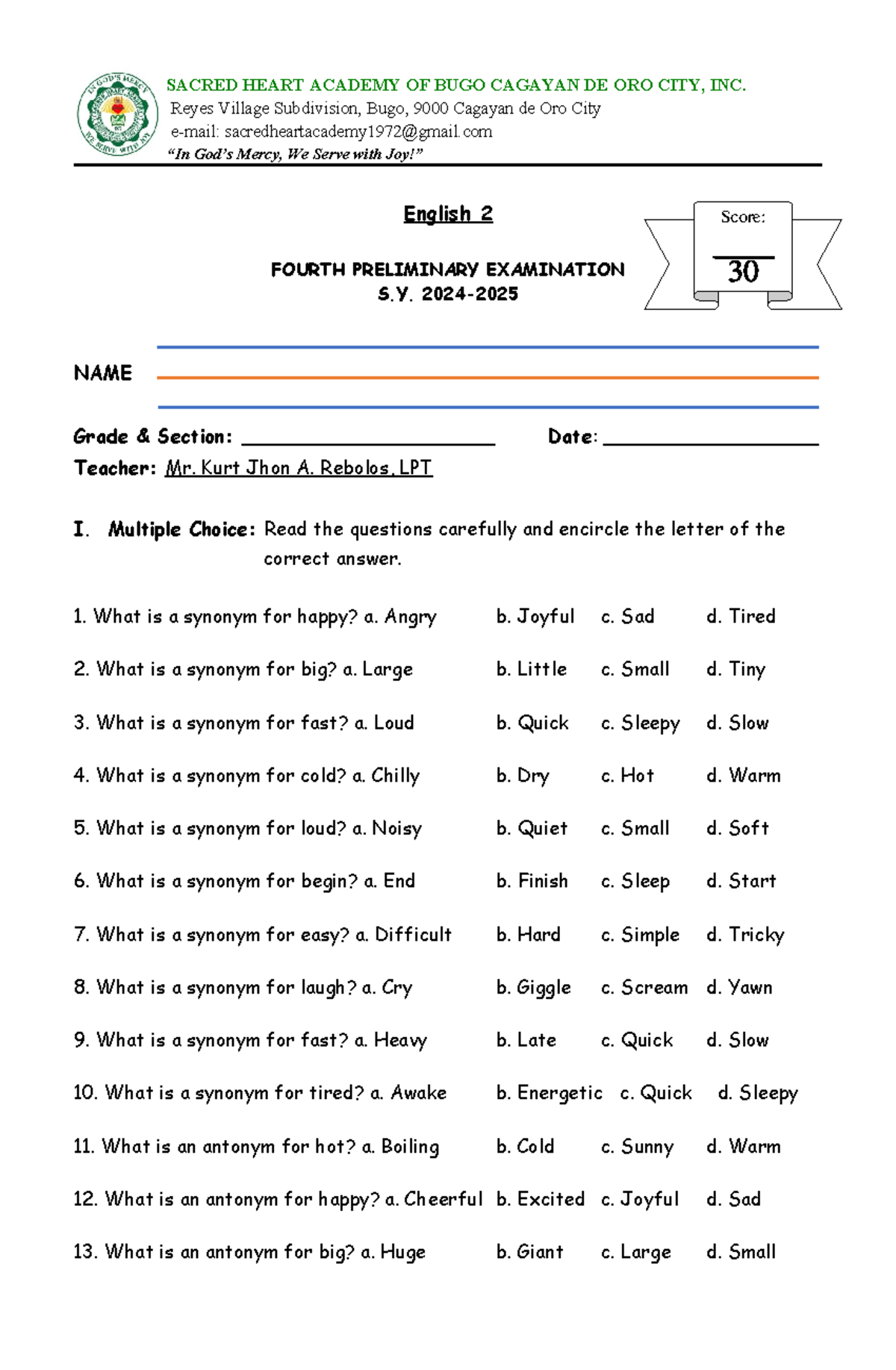 English 2 - An examination and quizzes to be used in daily lesson plan ...