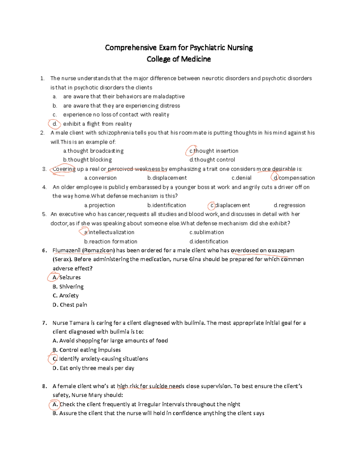 Comprehensive Exam - NCM 240904 - Psychiatric Nursing Review Notes ...