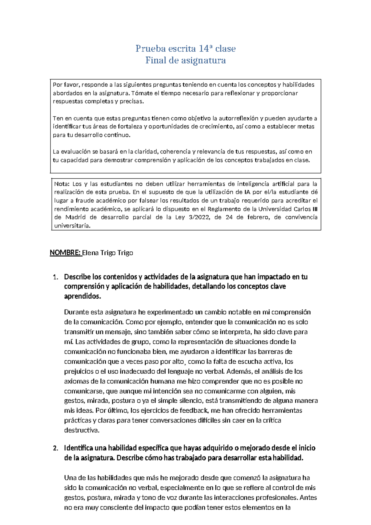 Prueba Escrita 14ª Clase - Reflexiones y Autoevaluación Final - Studocu