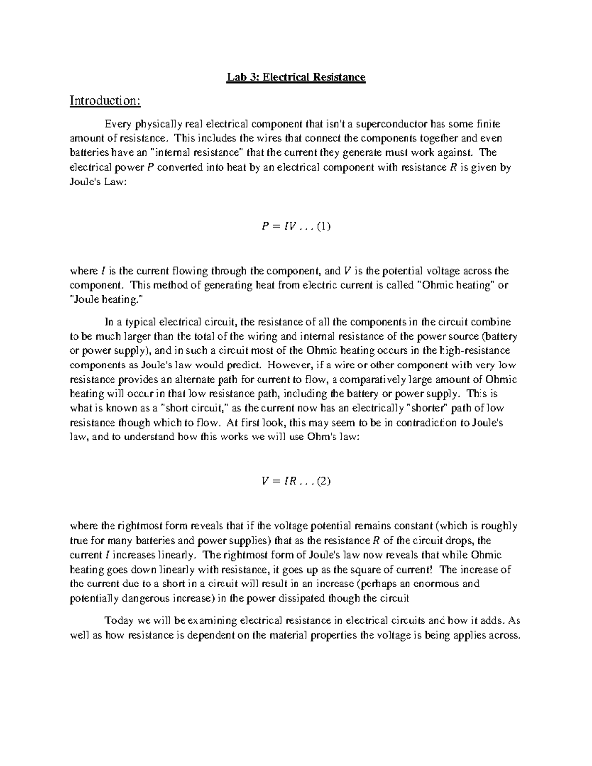 Lab 1 Resistance - JUST A SUMMARY - Lab 3: Electrical Resistance ...
