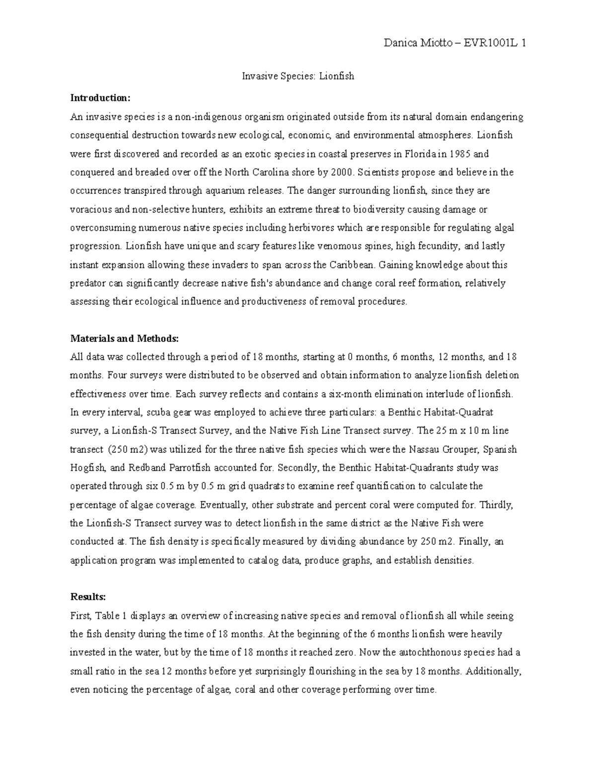 Lab Report: Invasive Species Lionfish - EVR1001L Analysis and Findings ...