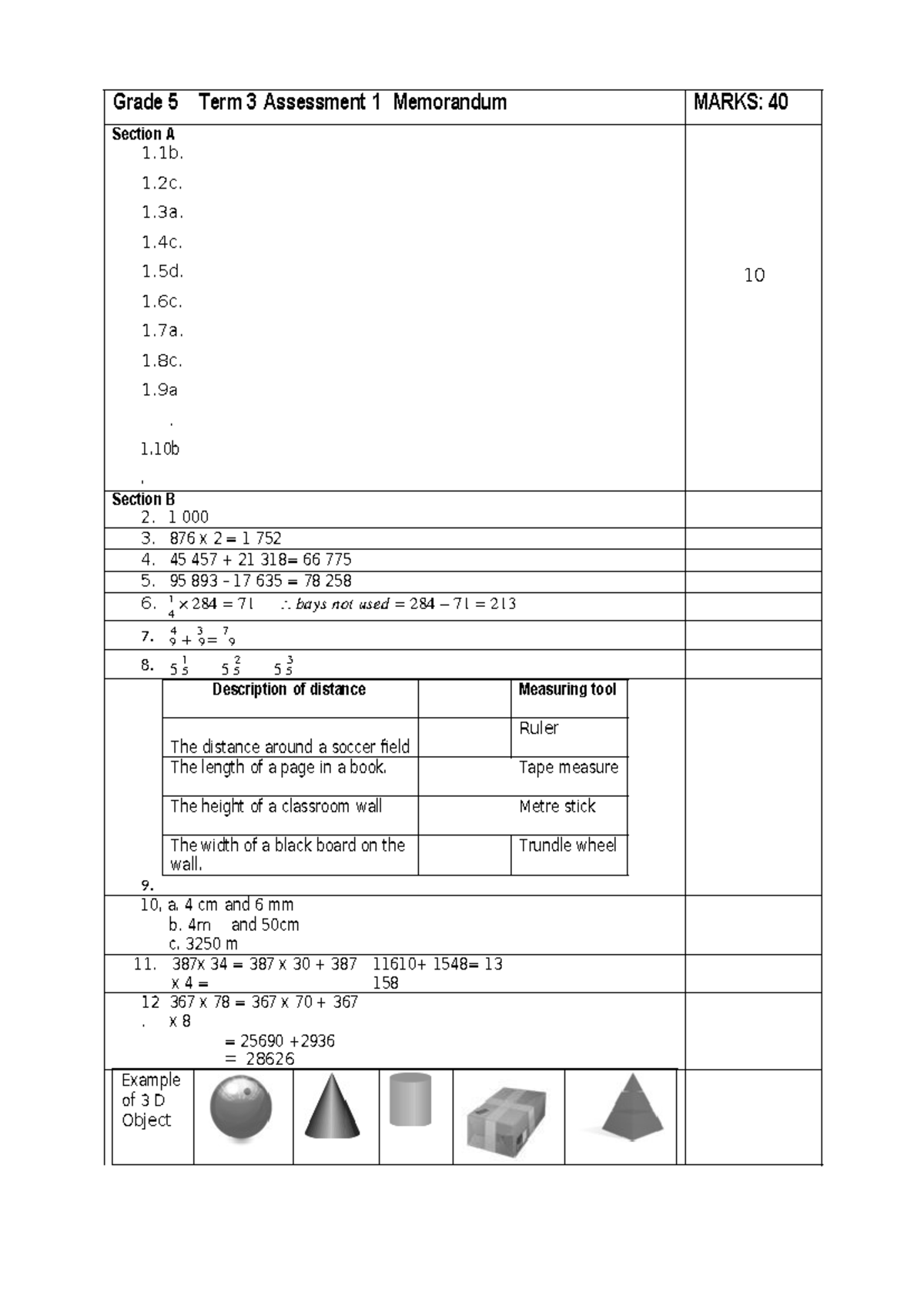 Grade 5 Mathematics PRE TEST TERM 3 MEMO - Grade 5 Term 3 Assessment 1 ...