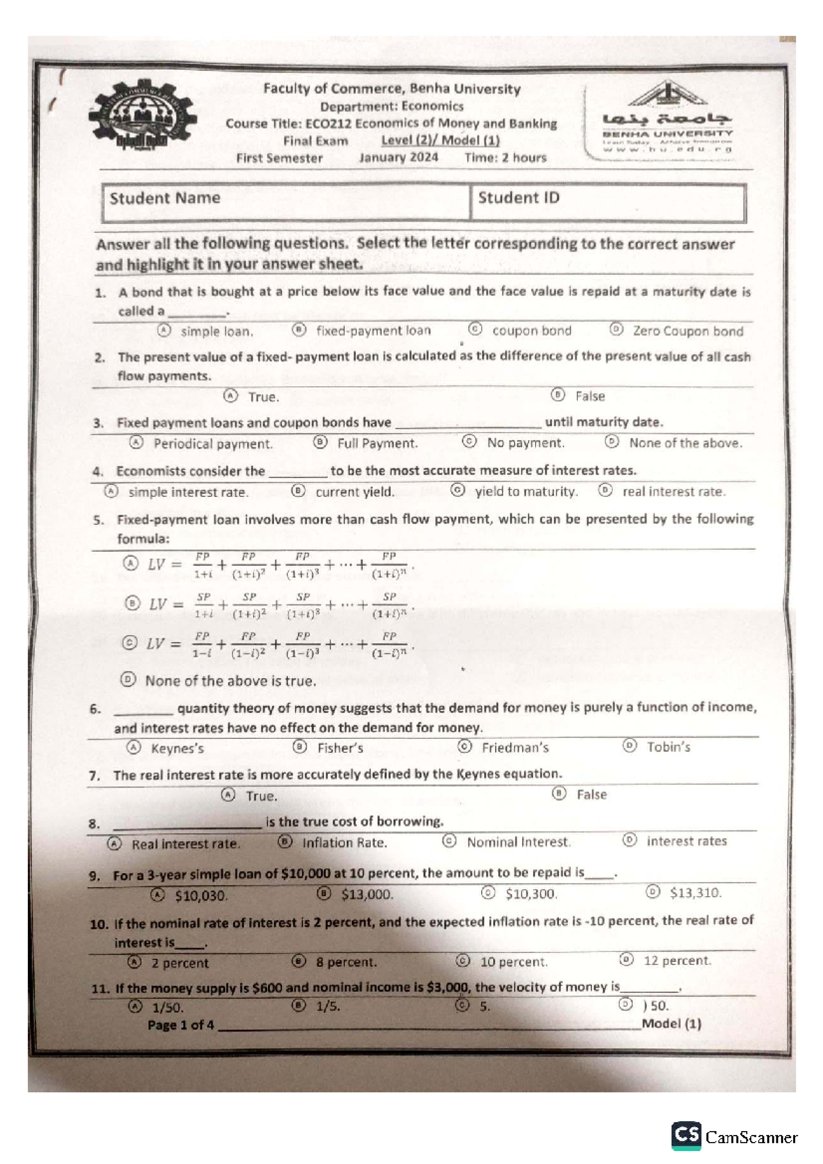ECO212 Final Exam Model (1 & 2) - Economics of Money and Banking 2024 ...
