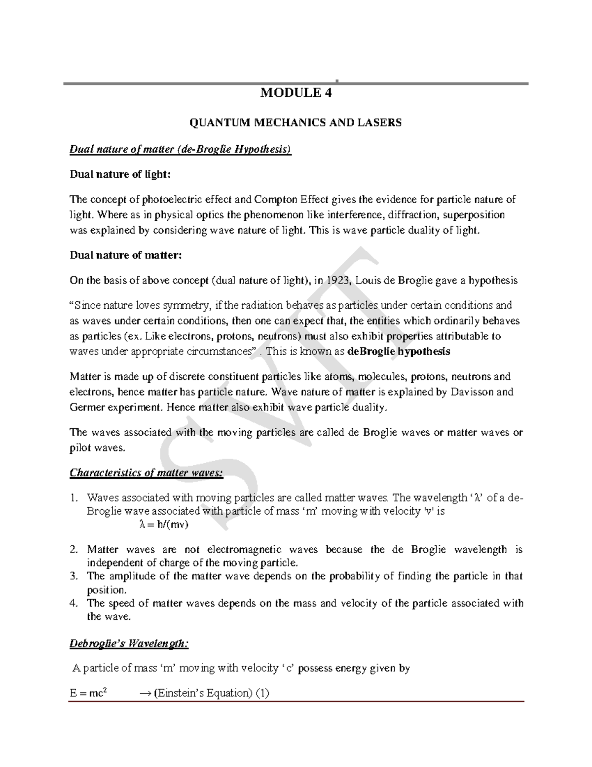 Engineering Physics Unit-4: Quantum Mechanics & Lasers Notes - Studocu