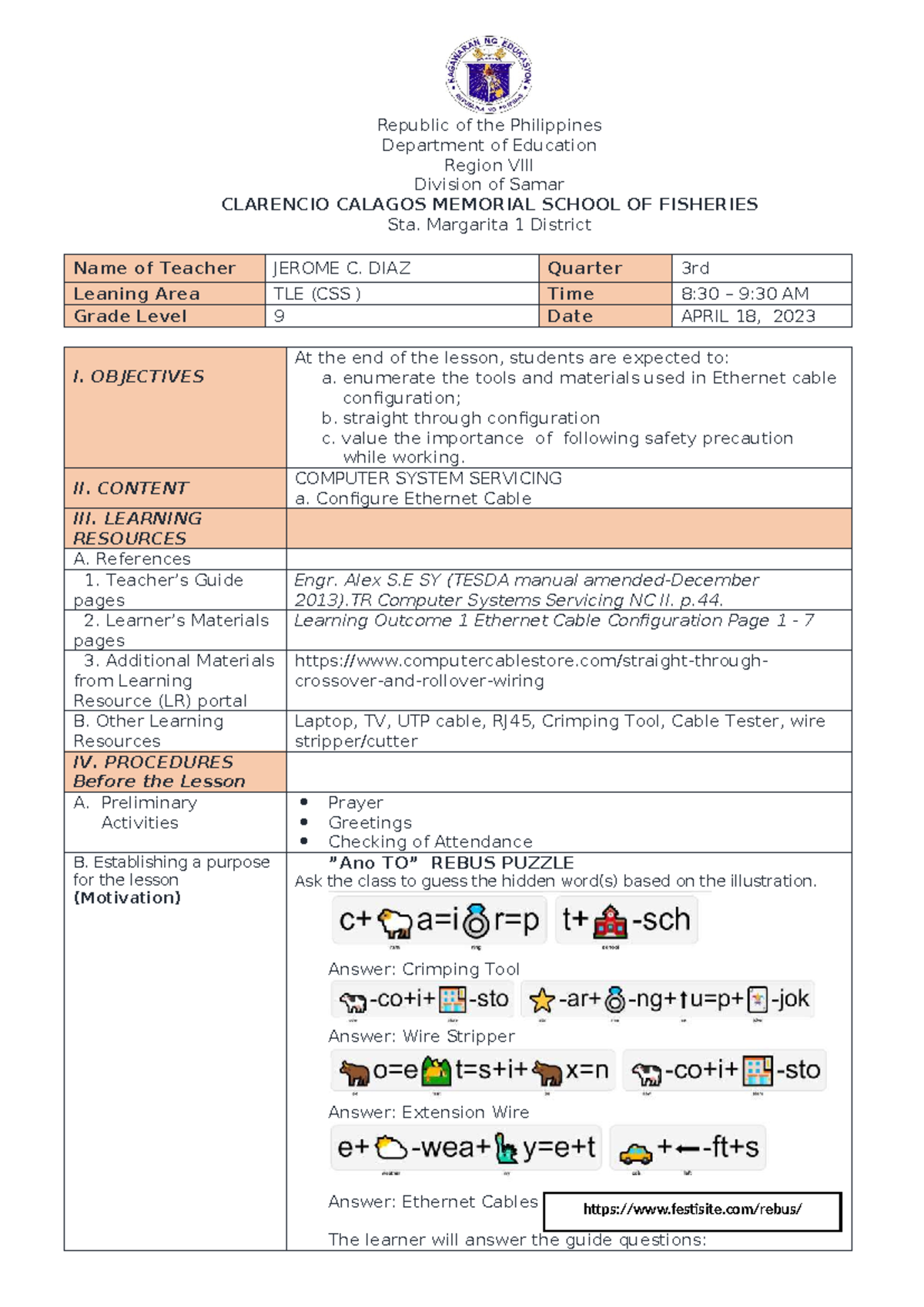 TLE 9 Lesson Plan: Ethernet Cable Configuration and Safety - Studocu