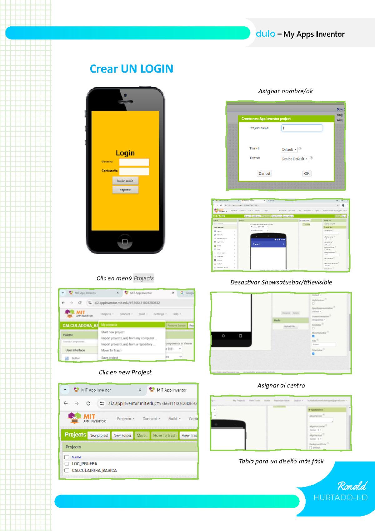 My app inventor - Login - Ronald Clic en menú Projects Clic en new ...