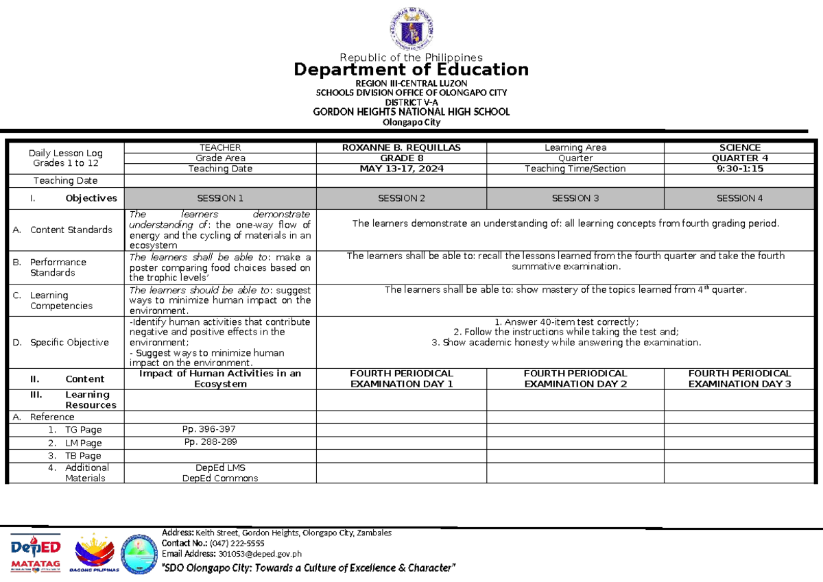 Grade 8 Science Lesson Plan: Quarter 4, Week 5 Activities - Studocu