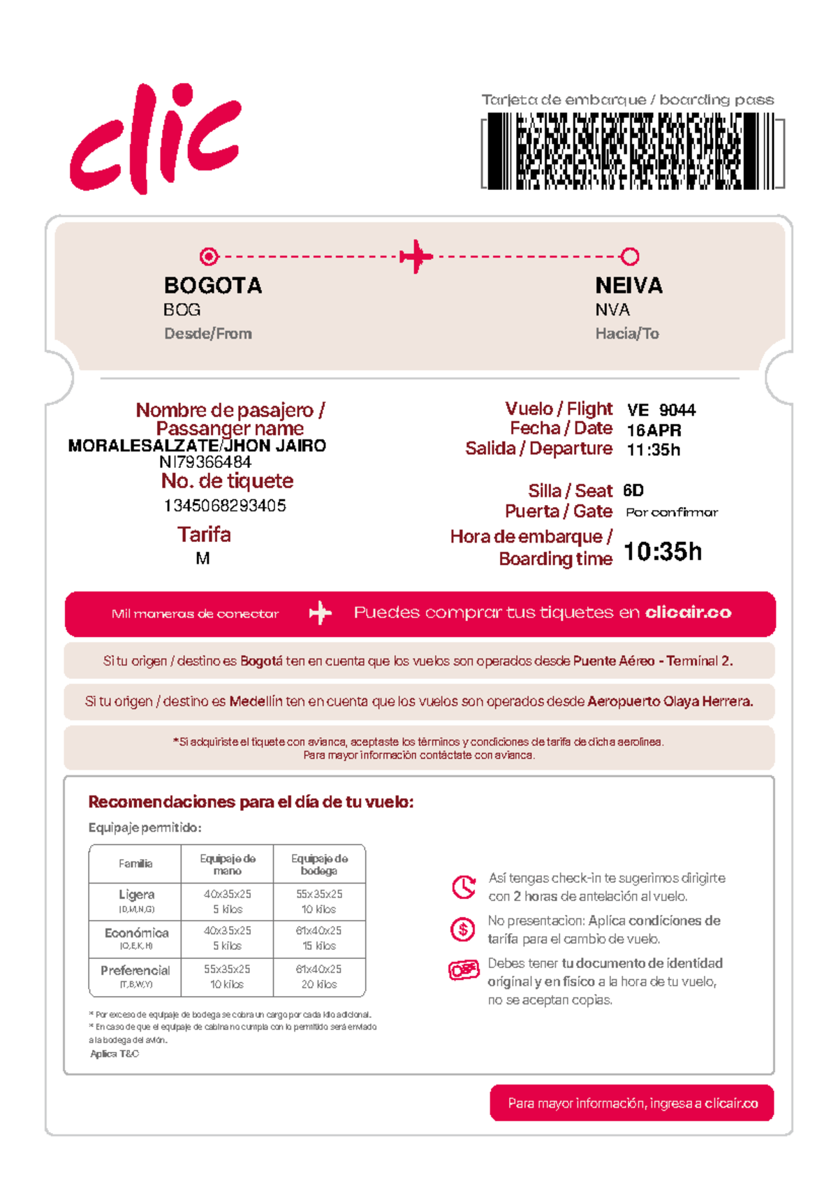 Tarjeta de Embarque - Vuelo VE 9044 BOG-NVA 16APR - Studocu