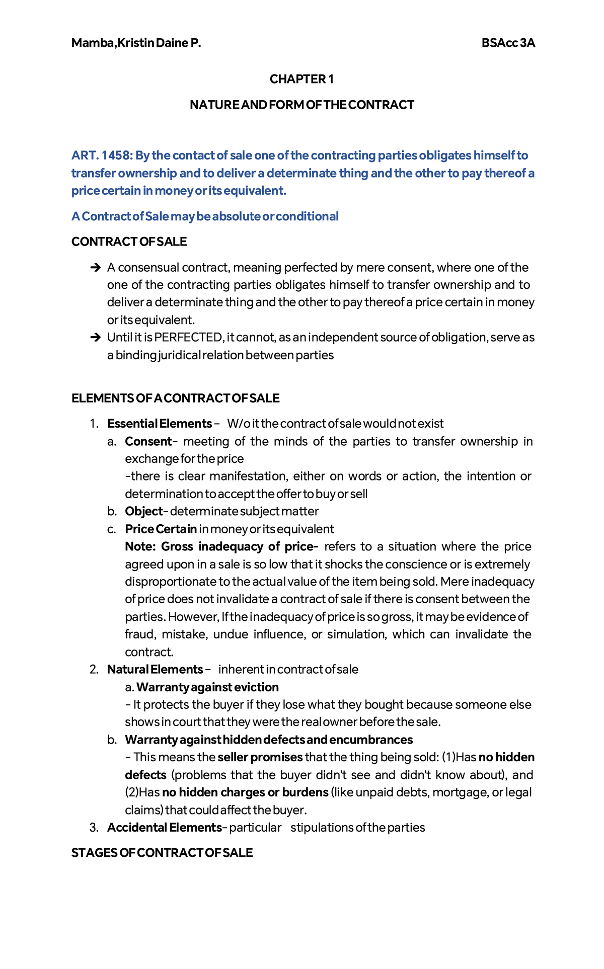 BSAcc 3A Chapter 1: Nature and Form of the Contract of Sale - Studocu