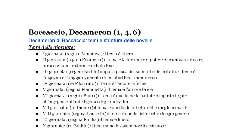 Boccaccio, Decameron: Temi e Struttura delle Novelle (1, 4, 6) - Studocu