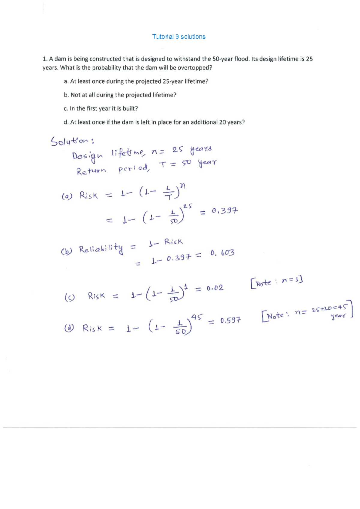 Tutorial 9 Solutions: Flood Risk Analysis and Peak Flow Calculations ...