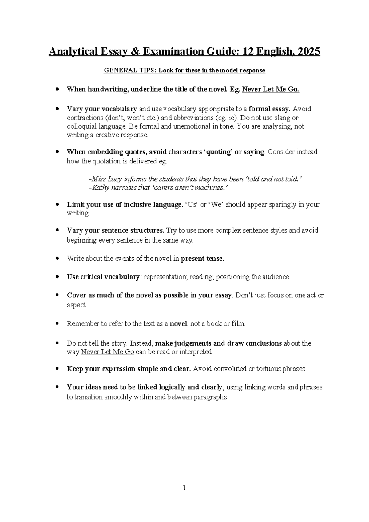 Analytical Essay Guide for Never Let Me Go (NLMG) 2025 - Studocu