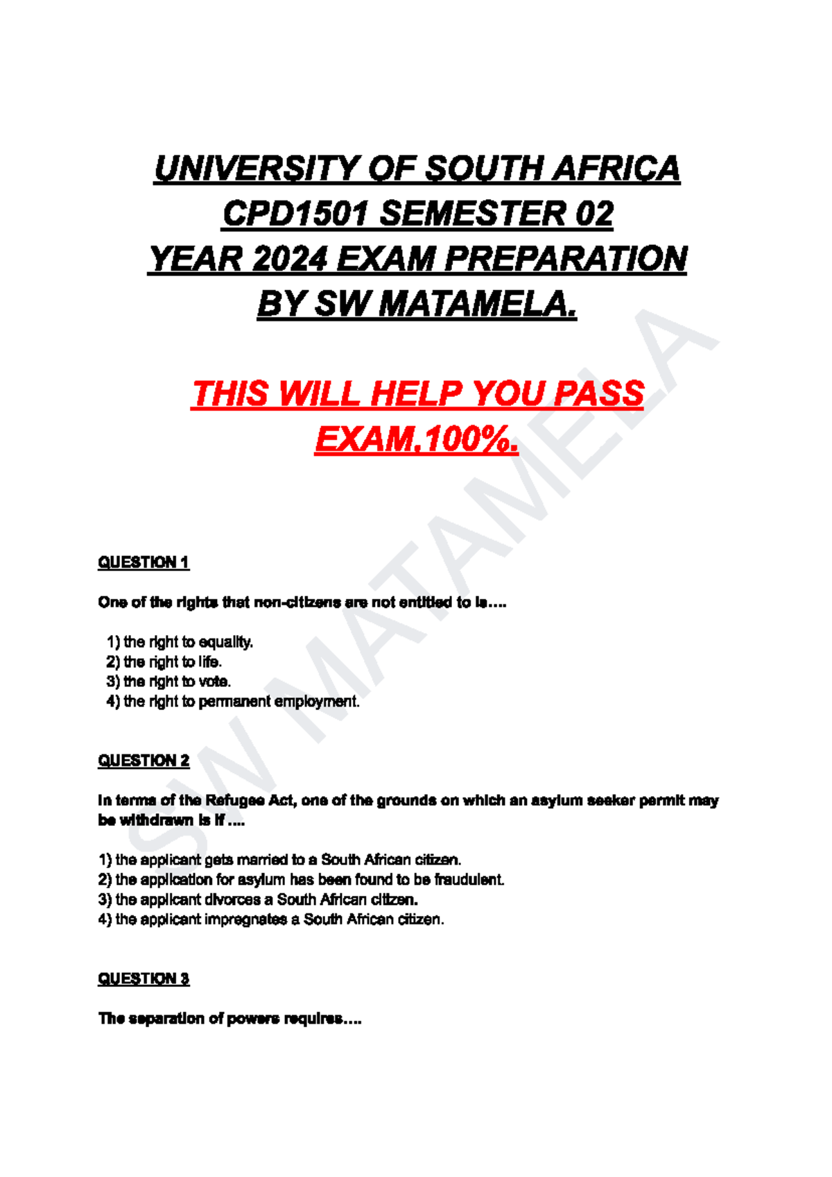 CPD1501 EXAM PREP MATERIAL FOR SEMESTER 02 YEAR 2024 - Studocu