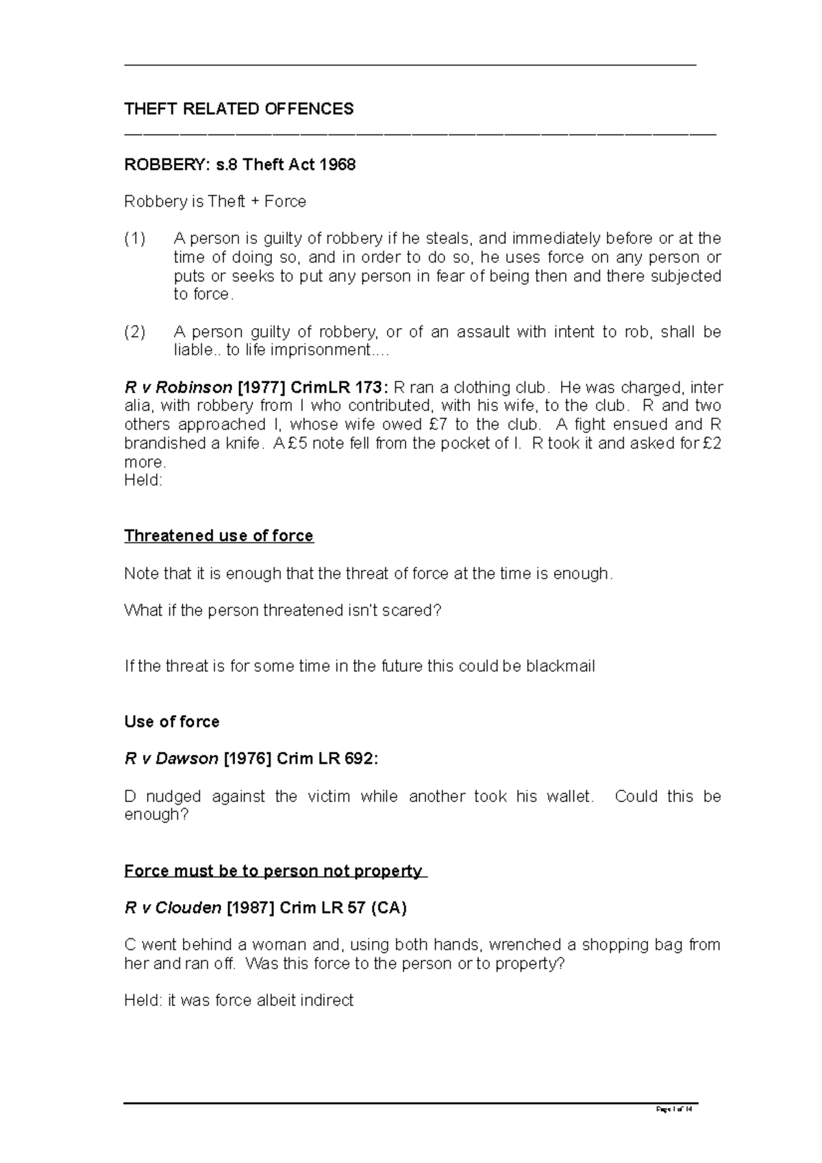 Lecture 13: Understanding Robbery and Burglary in Law - Studocu