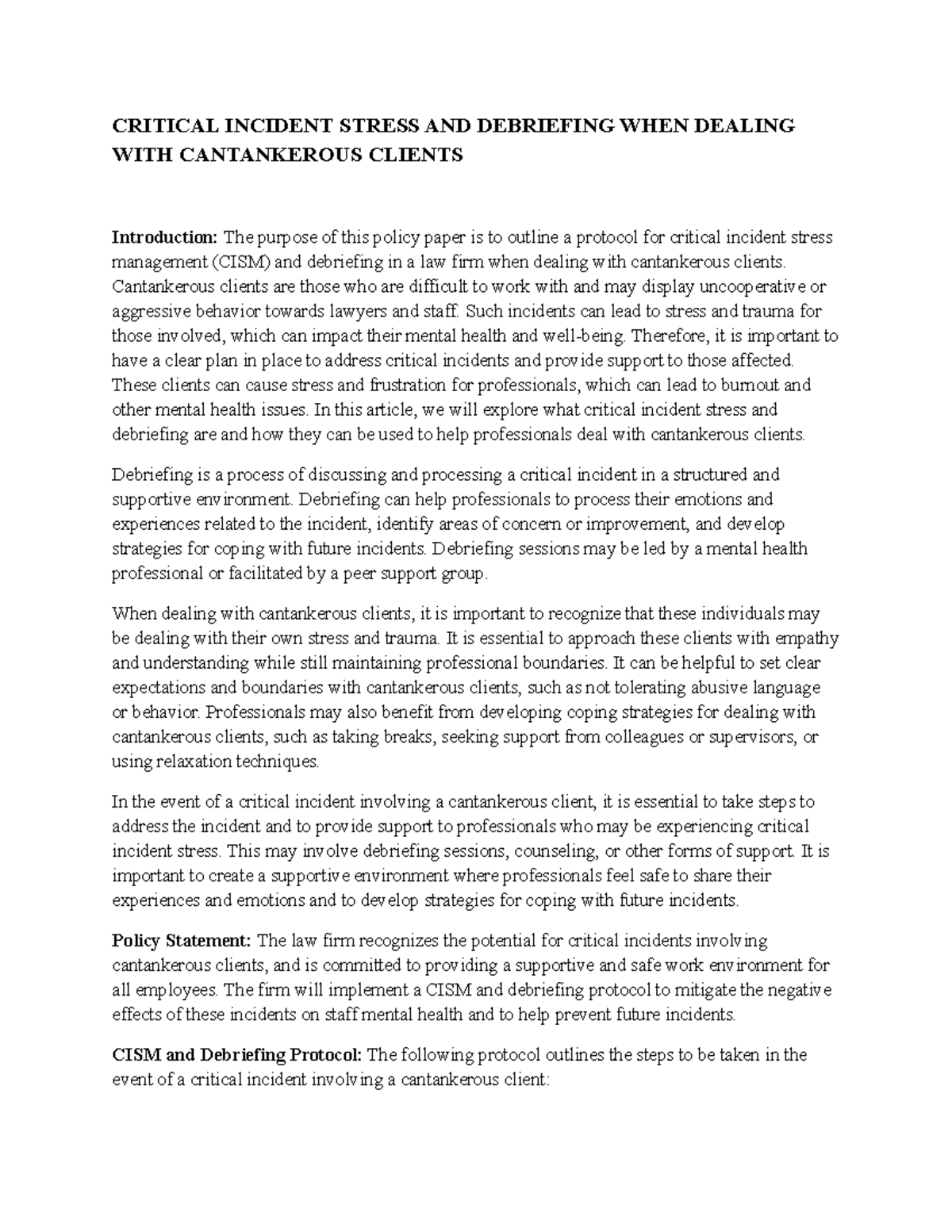 CISM Protocol: Managing Critical Incident Stress with Cantankerous ...