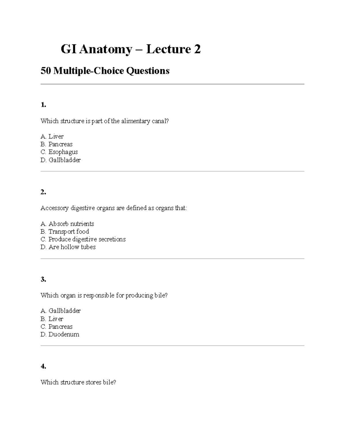 GI Anatomy Lecture 2: 50 MCQs for Review - Studocu
