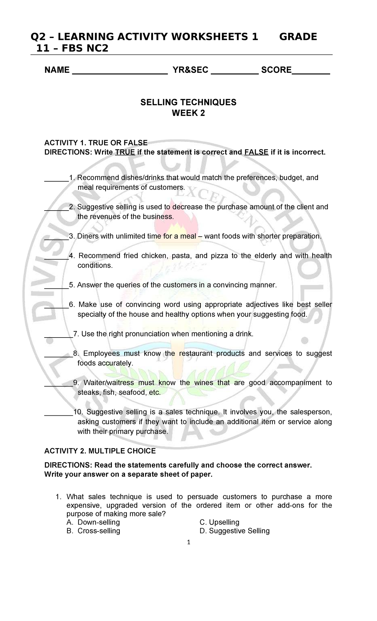 Q2 LEARNING ACTIVITY WORKSHEETS GRADE 11 FBS NC II - SELLING TECHNIQUES ...