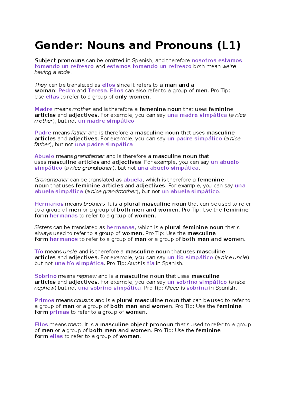 Gender: Nouns and Pronouns Overview (L1-L4) - Spanish Notes - Studocu