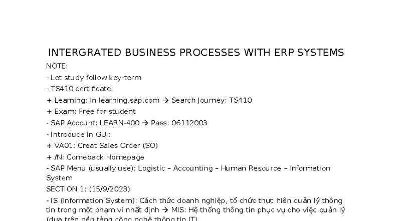 TS410: Integrated Business Processes with ERP Systems Notes - Studocu