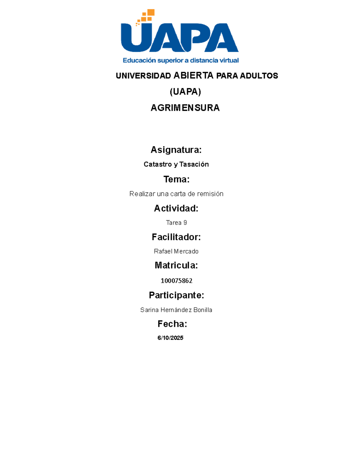 UAPA Agrimensura: Tarea 9 - Carta de Remisión y Valoración Inmobiliaria ...