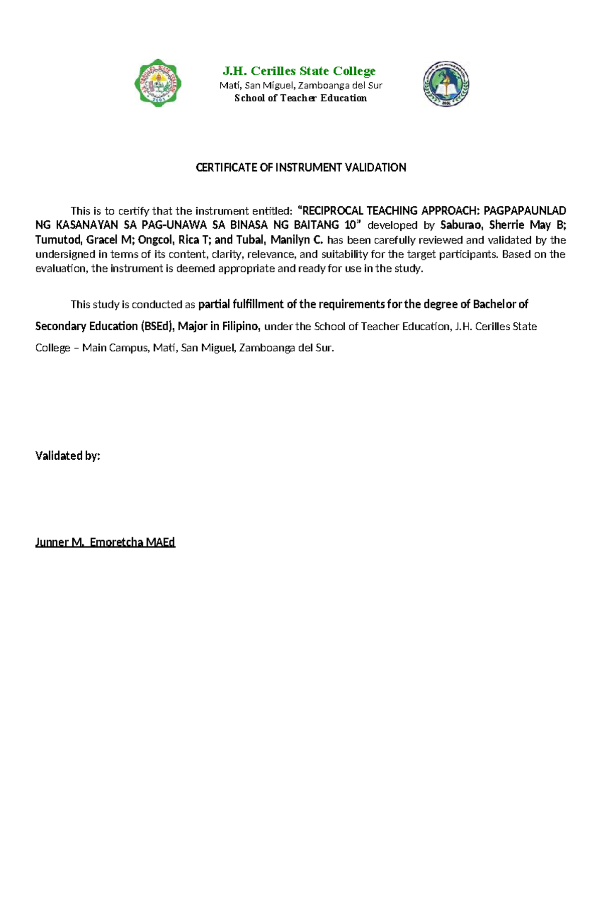 BSEd Final Exam: Teaching Approach Instrument Validation - Studocu