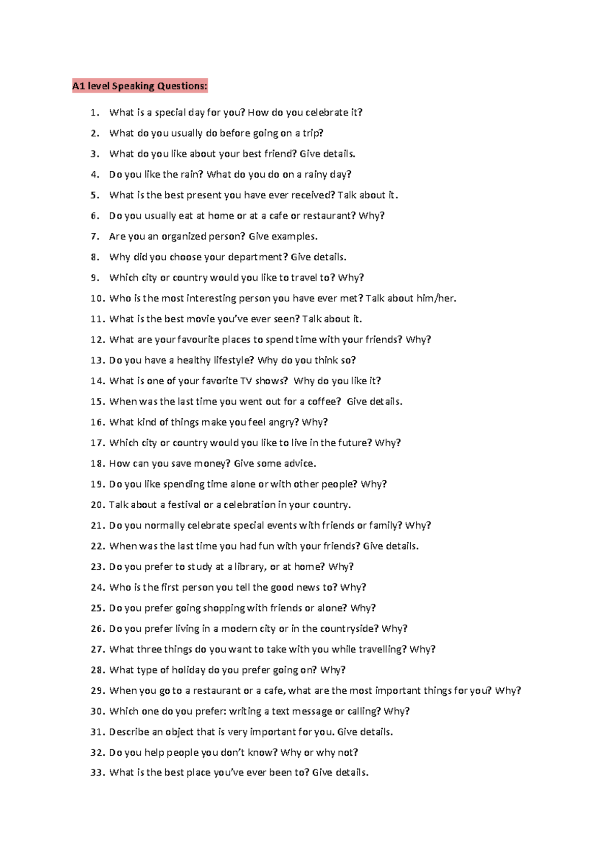 A1 & A2 Level Speaking Questions: Engaging Topics for Practice - Studocu