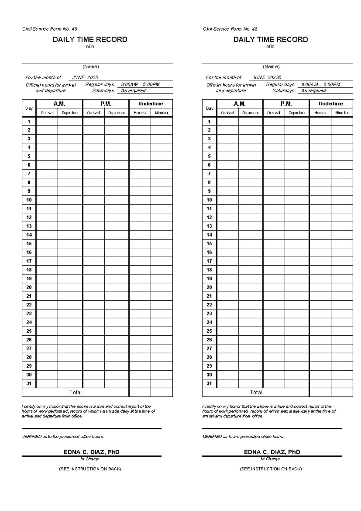 Revised K TO 12 DTR 1 - Daily Time Record for June 2025 - Studocu